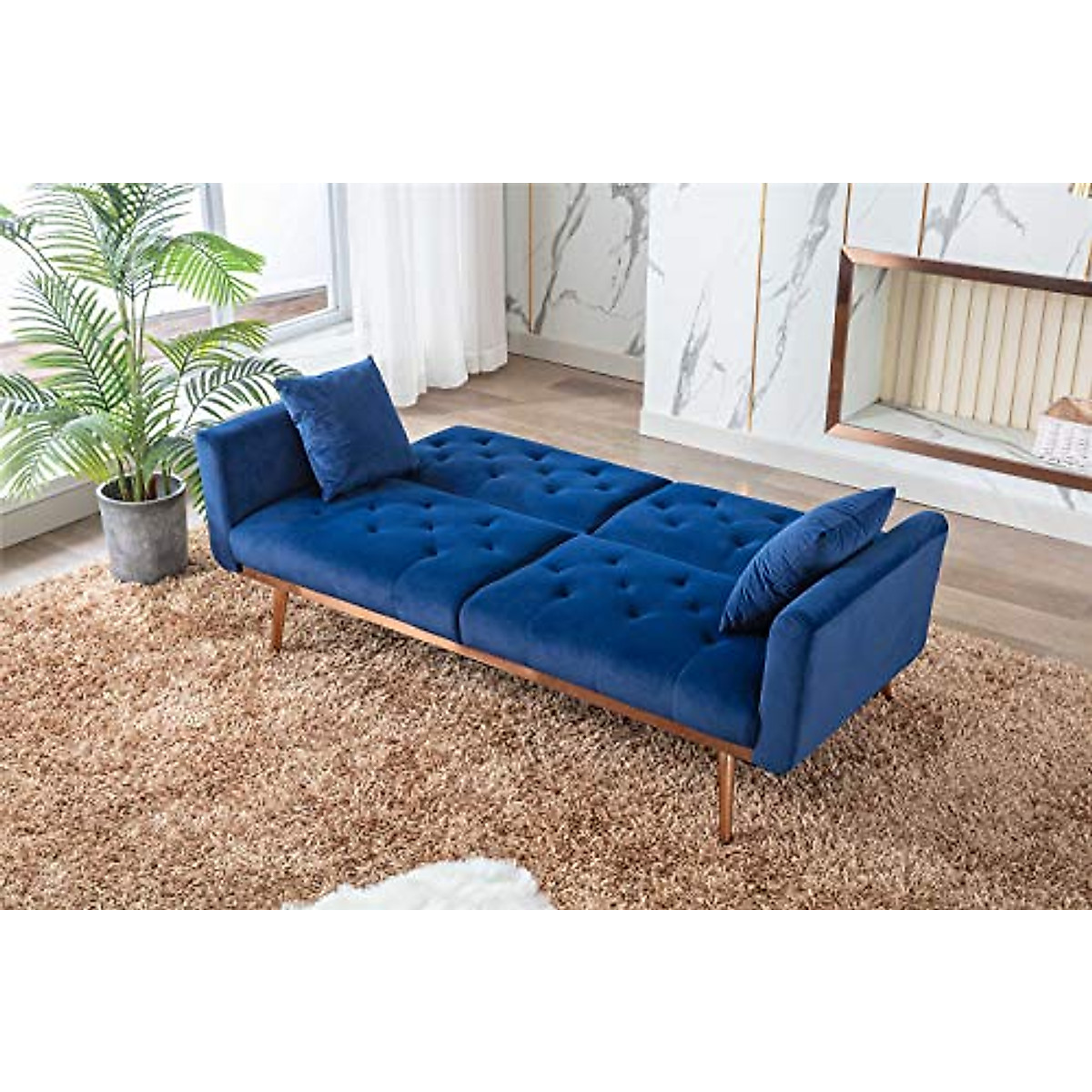 Velvet Mini Sofa, Accent Sofa, Modern Folding Couch, Sofa Bed for Living Room, Loveseat Sofa with Rose Gold Metal Feet (Navy)