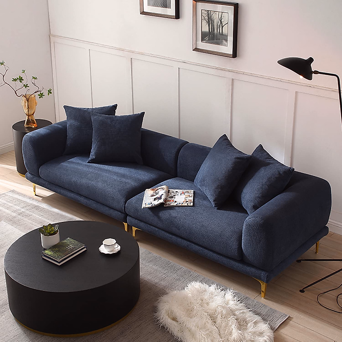 JUSTONE 102''Sofa Couch for Living Room, Modern Mid-Century 4 Seater Sofa with 4 Pillows, Upholstered Couch with Metal Wood Legs for Living Room, Bedroom and Lounge,Apartment Office - Blue