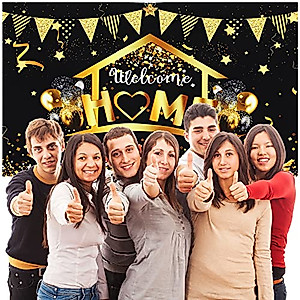 2 Pieces Welcome Banner Reunion Decorations Kit with Homecoming Backdrop and Banner Fabric Welcome Back Yard Sign Black Gold Homecoming Banner Photography Backdrop for Family Party Home Decoration