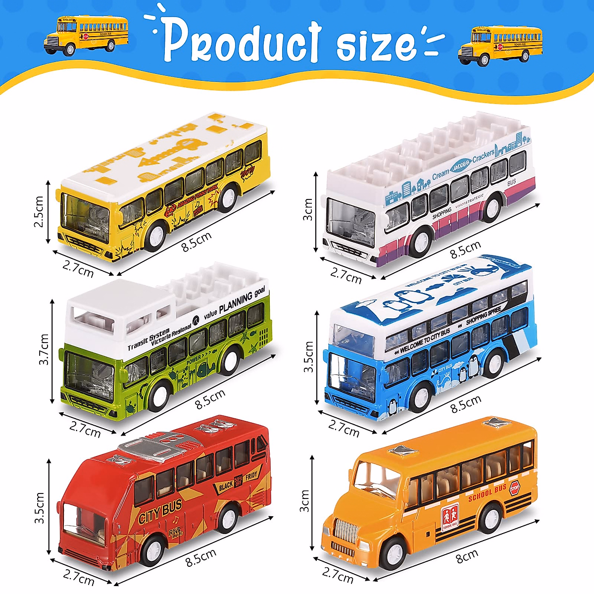Hanaive 6 Pcs School Bus Toys Cars Set Die Cast Metal Little Cars City Bus Double Decker Friction Powered Cars Play Toys for Birthday Gift Vehicle with Opening Doors Education Bulk