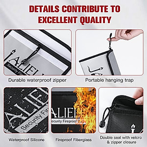 Fireproof Money Bag (9.5x6.5 inches), 2 Pack Non-Itchy Waterproof and Fireproof Bag with Zipper, Small Fireproof Safe Box Money Pouch Envelope Container for Cash,Passport,Currency,Keys (Black & Grey)