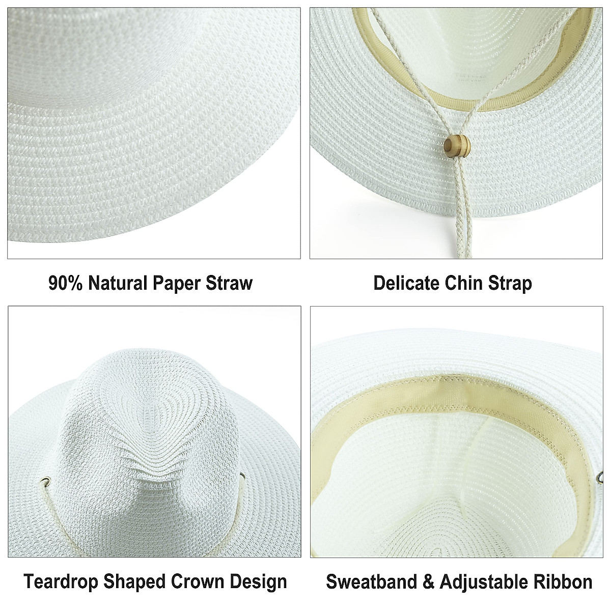 Koreshion Women Straw Panama Hat Summer Wide Brim Fedora Cap Beach Sun Hats UV UPF50+ White