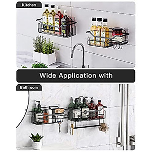 Uamector Shower Caddy Shelves Bathroom Organizer, 2 Pack Adhesive Rustproof Stainless Steel Black Shower Shelf for Inside Shower, No Drilling Wall Mount Shower Organizer Storage for Kitchen