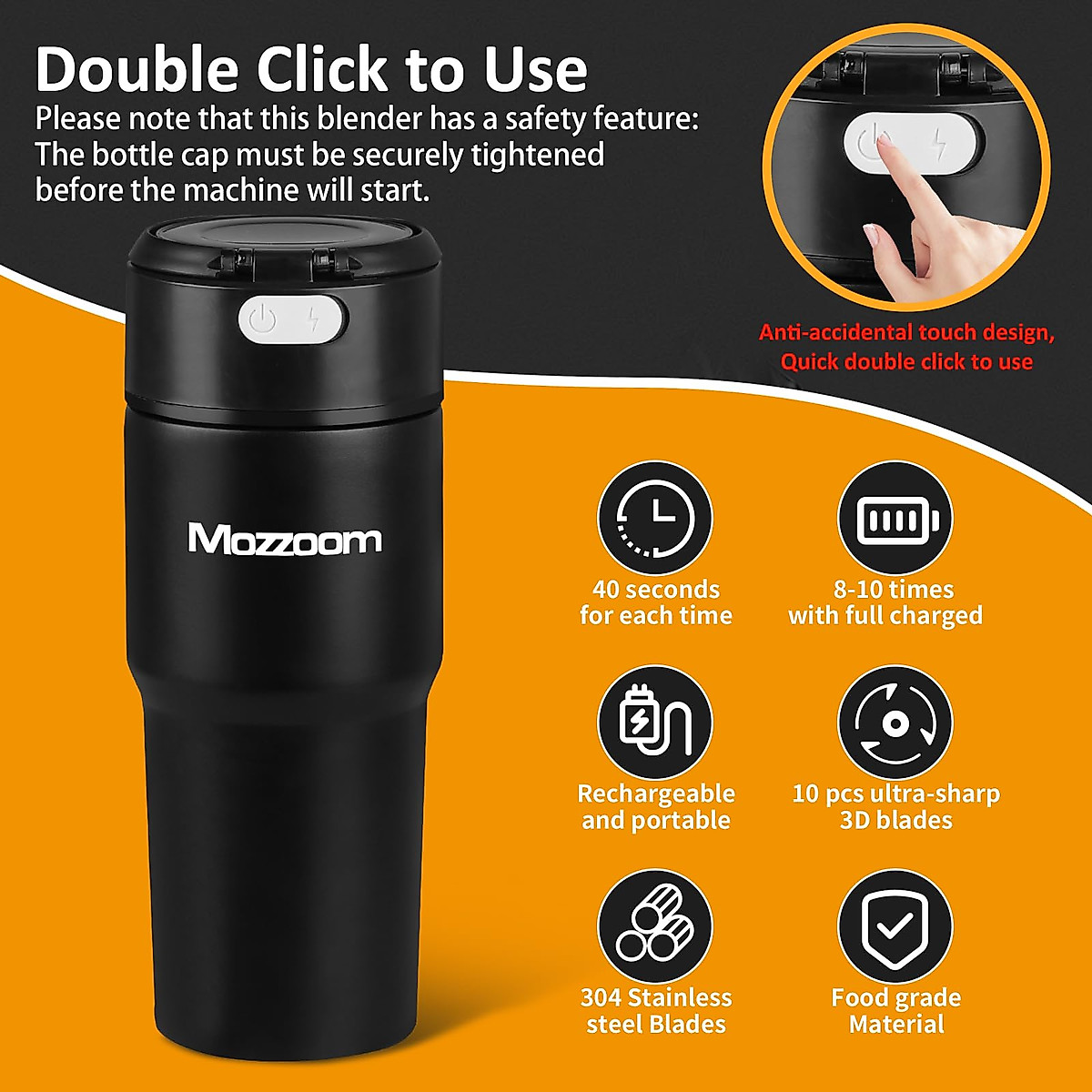 Portable Blender for Smoothies and Shakes,Personal Blender, 15 oz Vacuum Insulated Stainless Steel Keep Cold or Hot,BPA Free,USB Rechargeable,Travel Blender for Anywhere,Black（1 Pack)