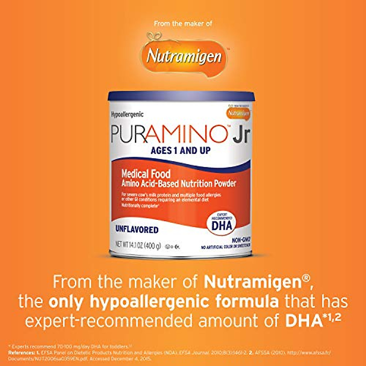 PurAmino Junior Hypoallergenic Toddler Drink, for Severe Food Allergies, Omega-3 DHA, Iron, Immune Support, Unflavored Powder Can, 14.1 Oz