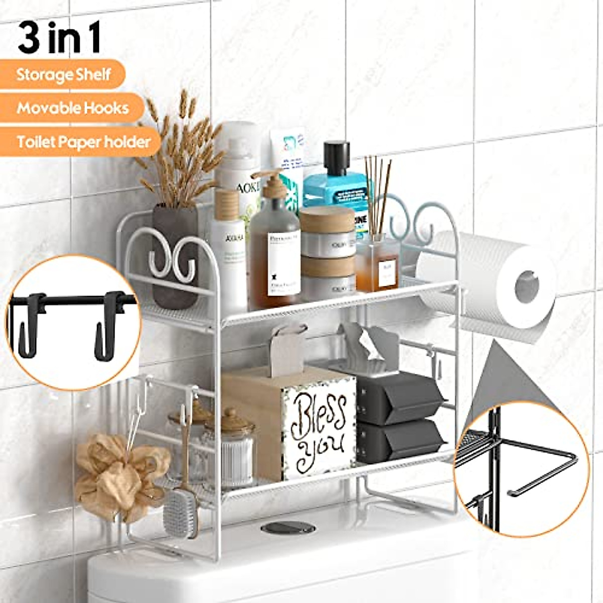 Ceayell Enlarge Over The Toilet Storage, 2-Tier Bathroom Storage Organizer Shelves Over Toilet, Bathroom Toilet Shelf Organizer, Folding Design, No Drilling Space Saver with Wall Mounting Design