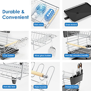 G-TING Dish Drying Rack, 2 Tier Detachable Dish Rack and Drainboard Set, Rust-Proof Drying Rack for Kitchen Counter, Large Capacity Dish Drainer with Utensils Holder and Cup Rack, Grey