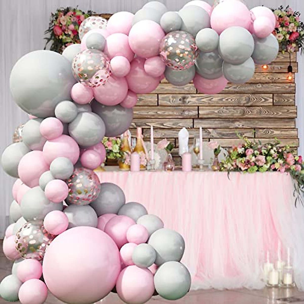 Pink Balloon Garland Arch Kit, 95Pcs Grey Pink Confetti Latex Balloons for Baby Shower Wedding Birthday Graduation Anniversary Bachelorette Party Background Decorations