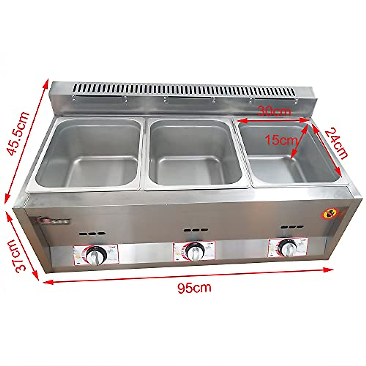 6L Commercial Gas Deep Fryer 3-Pan Countertop Stainless Steel Food Warmer Heater Restaurant Home Kitchen Adjustable Temp Steamer Cooking Heating Pot Tank, Silver