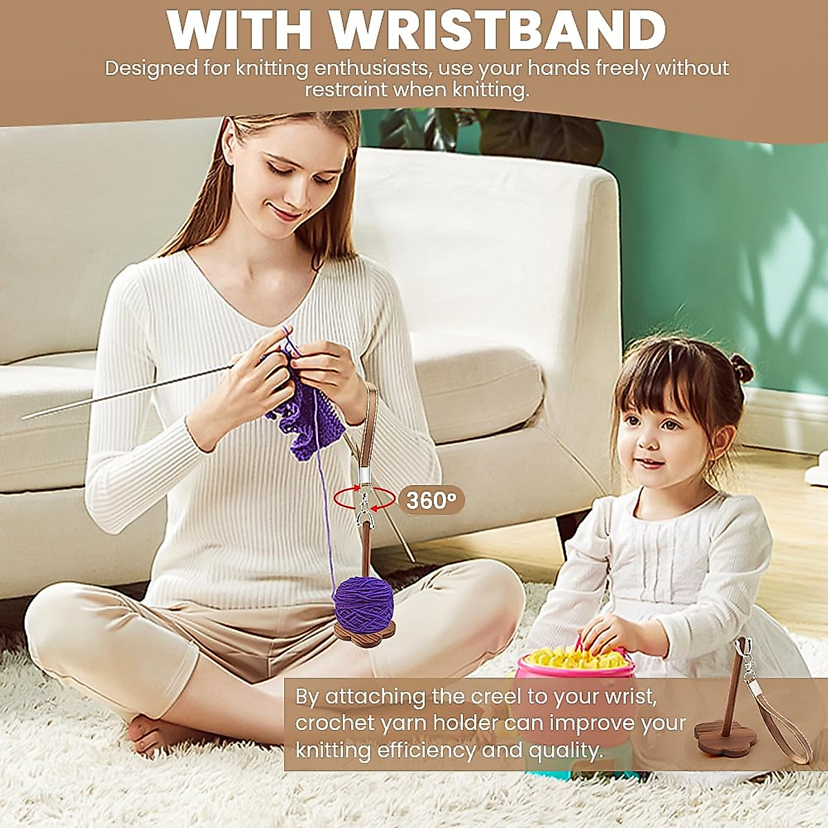 Yarn Holder, Portable Wrist Yarn Ball Minder Stand with Wristband and Crossbody Strap, Wooden Yarn Storage Organizer Yarn Spinner Knitting Supplies Prevent Yarn Tangling for Craft Lover