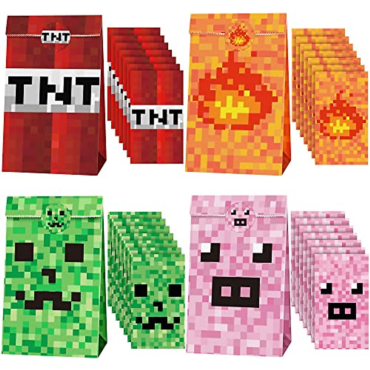 durony 28 Pieces Pixel Treat Bags Kraft Paper Bags Party Gift Bags Goodie Candy Bags with Stickers for Birthday Party Decorations, 9.4 x 5.1 x 3.1 Inches