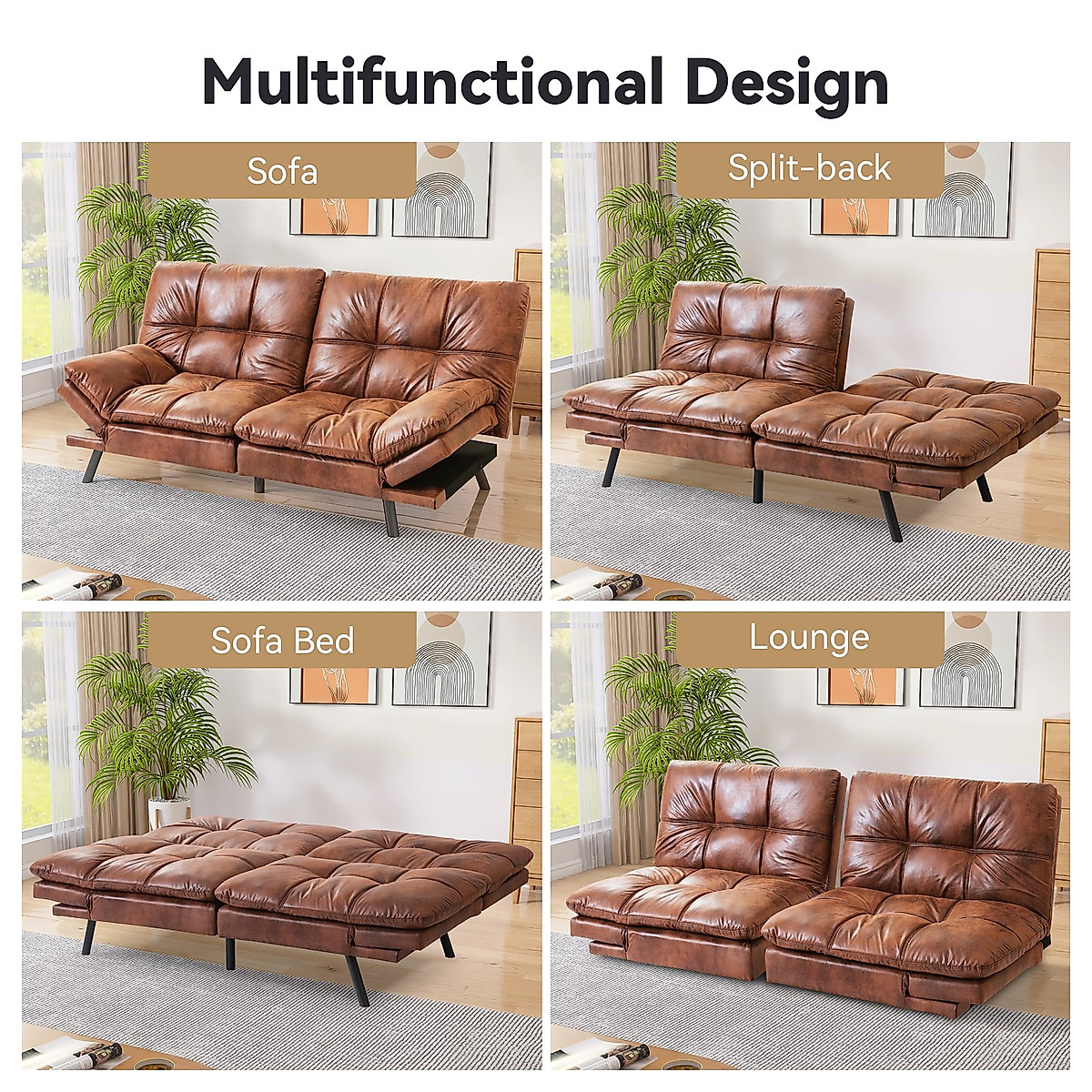 AMICLIBER Memory Foam Faux Leather Futon Sofa Bed Couch,Convertible Futon Sofa Couch,Loveseat Sleeper Sofa Bed,Small Splitback Modern Sofa Bed for Living Room,Office,Apartment,Brown