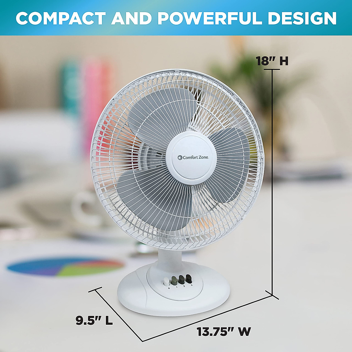 Comfort Zone CZ121WT 12” 3-Speed Oscillating Table Fan with Adjustable Tilt, Convenient Push Button Controls, Quiet Operation, White