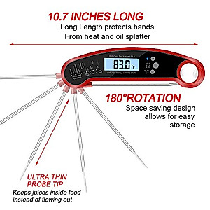 Nescope Digital Meat Thermometer Instant Read Waterproof Food Thermometer BBQ Thermometer with Backlight Magnet Calibration Thermometer for Kitchen Outdoor Cooking BBQ Grill Candy (Red) (Red)