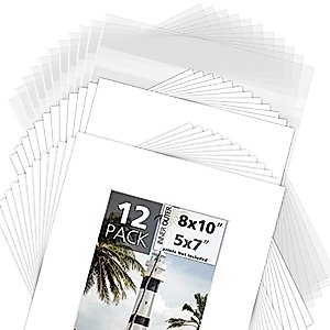 MBC Mat Board Center, Set of 12 8x10 White Picture Mats for 5x7 Photos - Includes Pre-Cut White Picture Mats, Backing Boards and Clear Bags - 1/16" Thick, White Color