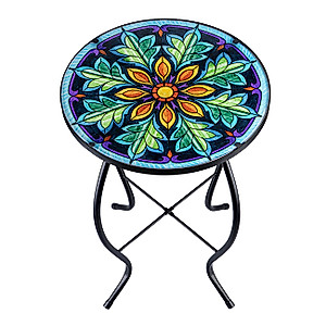 VCUTEKA Outdoor Side Table Mosaic End Table Patio Side Table Small End Table Glass Top Round Balcony Coffee Table Porch Indoor Glass Top