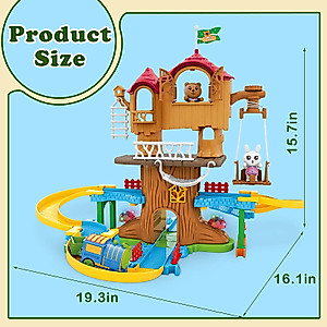 deAO Tree House Playset, Train Set Car Track Toys for Toddlers, DIY Forest Friends Pretend Playhouse with 2 Dolls Toy Figures,Train,Car Tracks,Swing,Sound & Light Function Toy House for 3+ Boys Girl