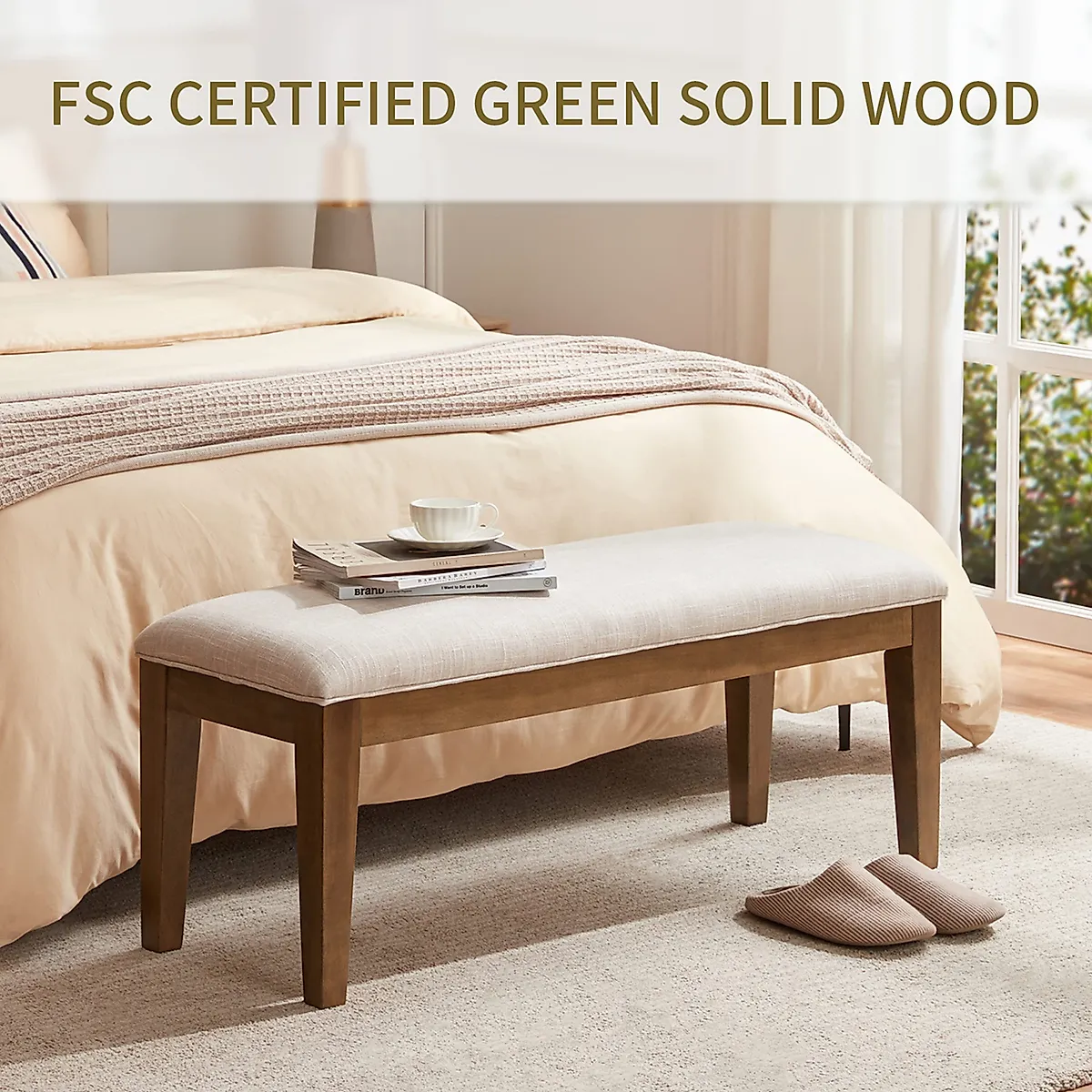 HUIMO Modern Multi-Purpose Bench, Wooden Frame with Tapered Legs, Padded Seat in Beige, 16"D x 36"W x 19"H, 2-Person Capacity