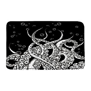 TFGGNDF 2 Piece Octopus Shower Curtain Sets with Bath Mat,White Octopus Tentacles Black Background Ocean Kraken 70"x 70" Bathroom Curatin with 12 Hooks and Bath Rugs