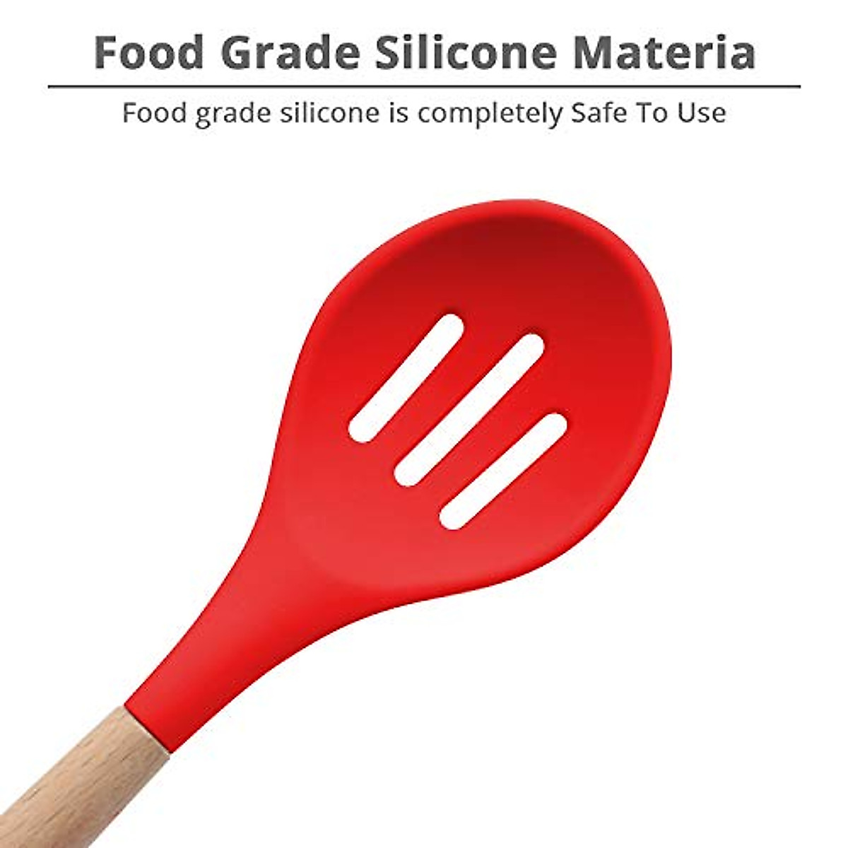 KUFUNG Silicone Slotted Serving Spoon, Wooden Handle Nonstick Mixing Spoon, Heat resistant up to 480°F. Silicone Kitchen Cooking Utensils Non-Stick Tool for Draining & Serving (Red)