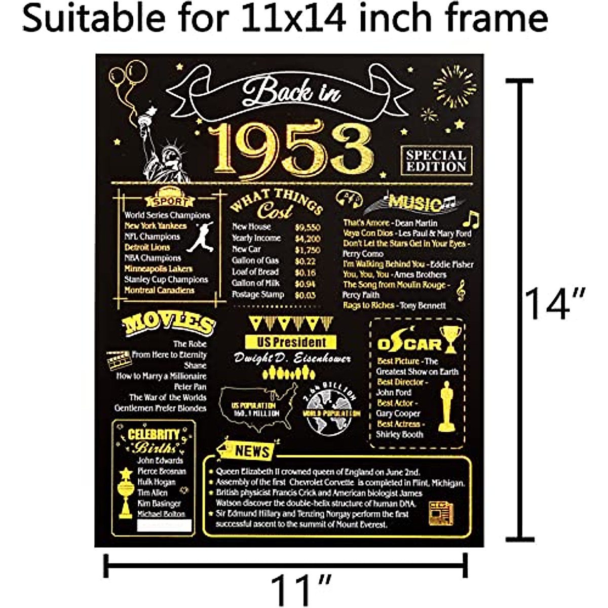 FALAMON 70th Birthday Decorations for Women or Men, 11x14 Birthday Anniversary Decorations Poster, Birthday Party Supplies Gifts, Back in 1953