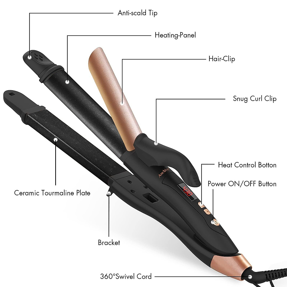 AmoVee Travel Curling Iron, 1.25 Inch Hair Straightener Curling Iron, 2 in 1 Flat Iron Ceramic Tourmaline, Dual Voltage Curling Iron, Adjustable Temp, Rose Gold