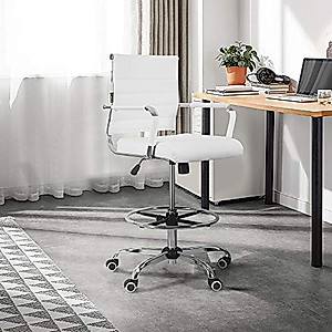 LUCKWIND Drafting Chair Tall Office Chair Ribbed - Mid-Back PU Leather Standing Desk Stool with Adjustable Foot Ring Padded Armrests Tilt-Tension Rocker Lumbar Support Swivel Rolling 400lbs, White