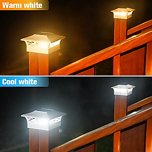 VOLISUN Solar Post Cap Lights: 2 - Pack Outdoor Post Light for White/Black 4x4 Vinyl Fence Deck - Dock 4x4/6x6 Wooden Post 2 Color Modes Waterproof Warm White
