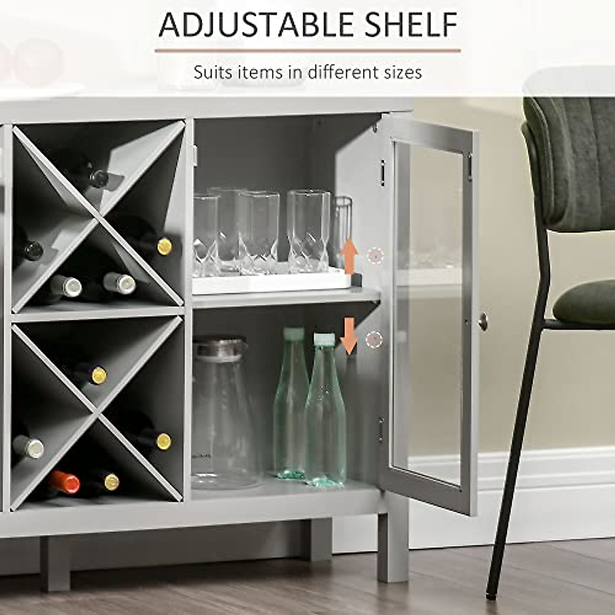 HOMCOM Coffee Bar Cabinet, Sideboard Buffet Cabinet with Removable Wine Rack, Tempered Glass Door and Adjustable Shelves, Wine Cabinet for Living Room, Kitchen, Entryway, Gray