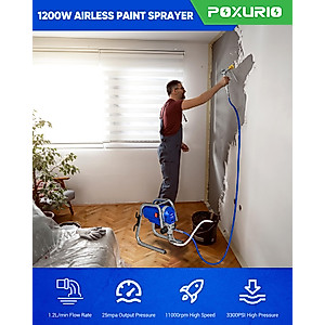 POXURIO 1200W Airless Paint Sprayer, 3300PSI High Efficiency Electric Paint Sprayer with Extension Rod, Thinning-Free Stand Airless Sprayer for Home Exterior and Interior, Garage, Deck, Furniture