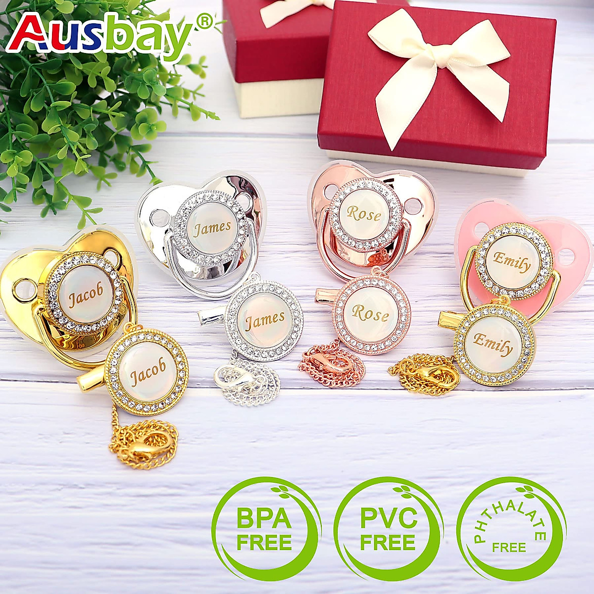 Personalized Pacifier Set with Name, BPA Free, Bling Gold Silver Pink Rose Gold Luxurious Ideal Gift for Newborns (Rose Gold)