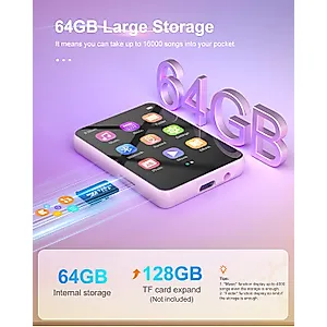 64GB MP3 Player with Bluetooth 5.3, Portable Digital Lossless Music Player with Built-in Speaker, 2.4 in Full Touch Screen, FM Radio, Line-in Voice Recorder, Earphones Included, Support up to 128GB