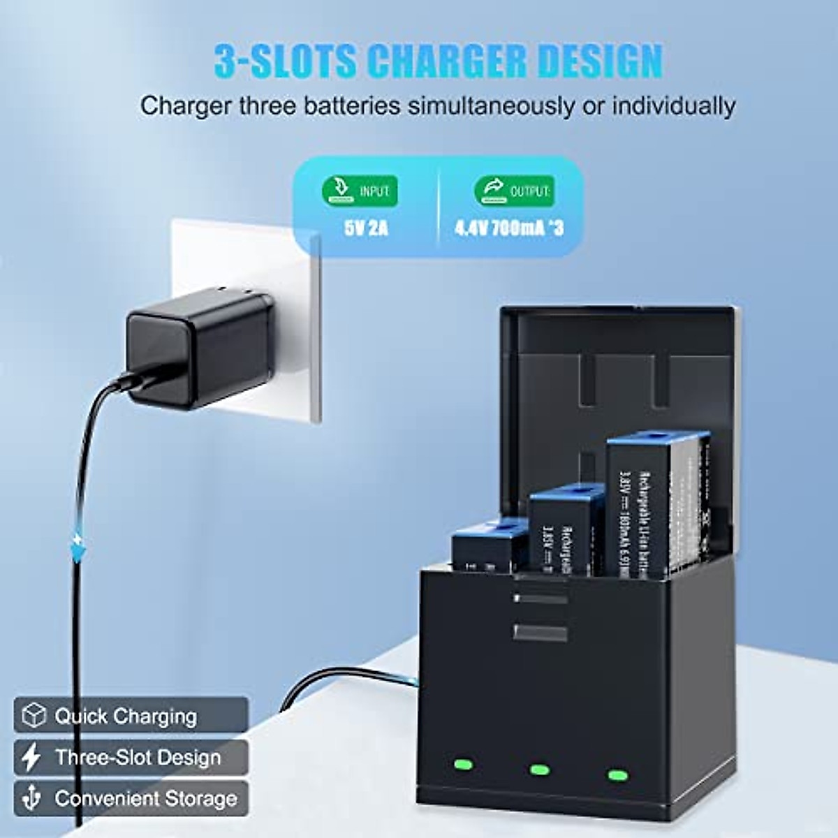 3-Pack Hero 11 Replacement Batteries Compatible with GoPro Hero 11 Hero 10 Hero 9 Black Camera, 3-Channel Battery Charger for GoPro Hero 11/10/ 9 Battery (New Upgrade)