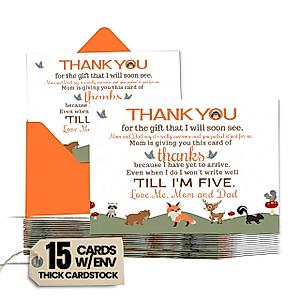 Paper Clever Party Woodland Baby Shower Thank You Cards with Envelopes Blank Notes Prefilled with Message Boys or Girls Personalize Notecards for Registry Gifts, Rustic 4x6 Stationery Set, 15 Pack
