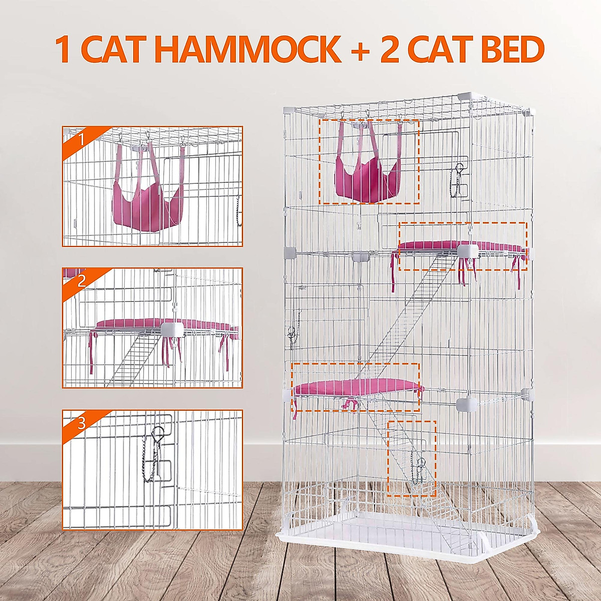 BIQWBIC 3-Tier 67 Inch Large Cat Cage, White, Collapsible, Hammock, 3 Cat Beds, 2 Ramp Ladders, Easy Litter Cleaning, Quick Installation