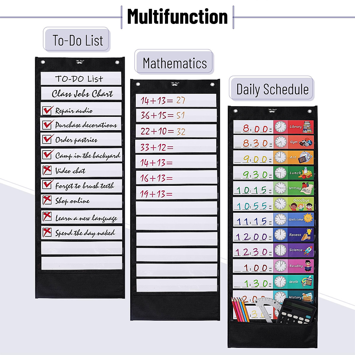 Mr. Pen- Daily Schedule Pocket Charts, 13+1 Pocket, 26 Double Sided Reusable Cards(13 Colored+13 Blanked), 12.8”x35” Pocket Chart for Classroom, Classroom Pocket Chart, Classroom Schedule Pocket Chart