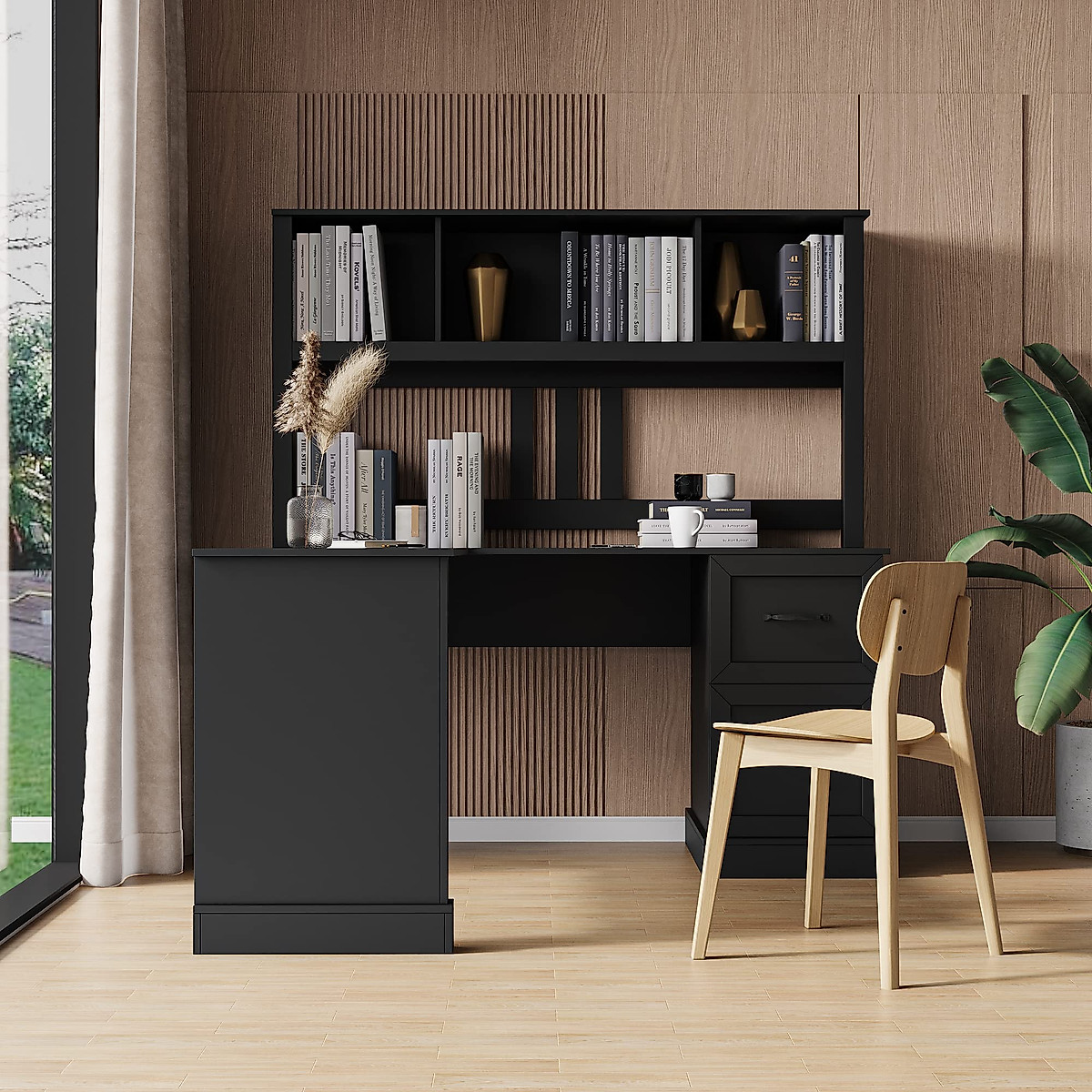 Holaki L Shaped Desk,Computer Desk with Drawers,Bookshelf & Hutch,Modern Corner Desk,Home Office Desk,L-Shaped Study Table Writing Desk,Corner Gaming Computer Desk with Storage(Black)