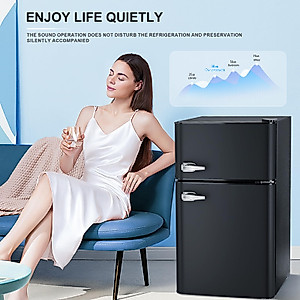 Antarctic Star Mini Refrigerator 3.2Cu.Ft Compact Fridge 2-Double Doors with a Freezer Low Noise Defrost Storage of Beverages Vegetables and Fruits for Home Office Dorm, Emboss Black