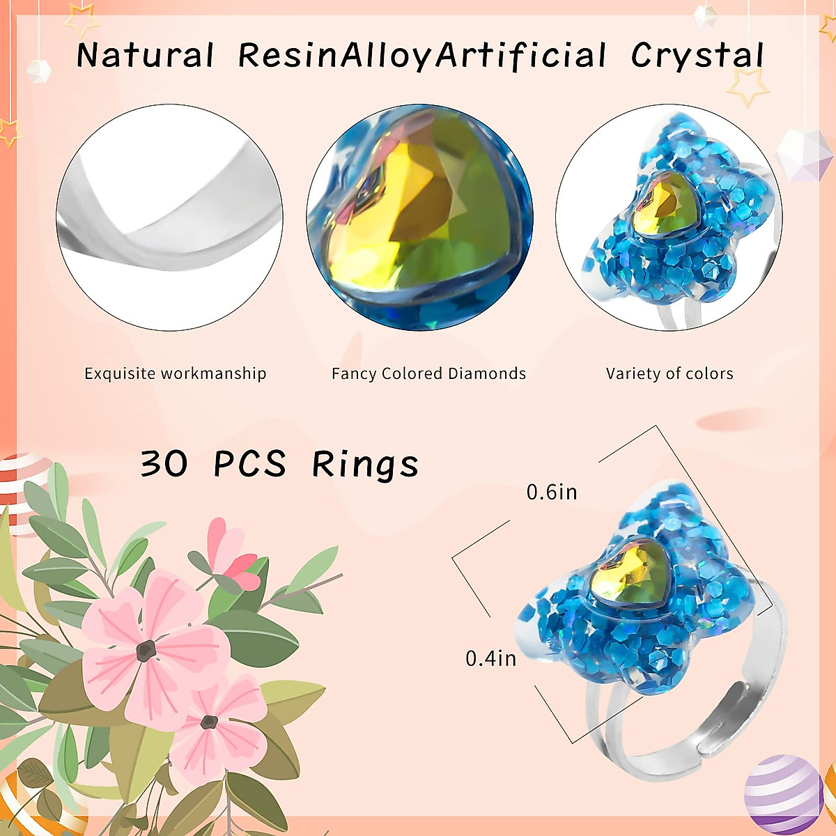 SkyWiseWin Childrens Pretend Play Jewelry Rings 30 PCS Jewelry Adjustable Ring and Festival Dress Up Flash Rhinestone Heart Rings for Kids