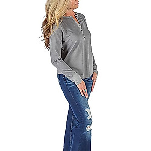 The Celtic Ranch Women's Long Sleeve Waffle Knit Henley, Crew Neck That Buttons Open to V-Neck, Contrast Fabric Sleeve Cuffs (Grey, Small)