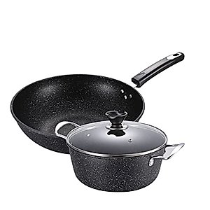 ROLTIN Cookware Set Black Pan with Lid Cutlery Collection Cookware Cutlery Cookware Nonstick Kitchen Supplies (Color : Black, Size : See Description) (Black See descripti