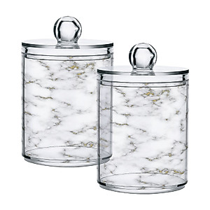 Marble Nature Texture Qtip Dispenser Apothecary Jars White Stone Grain Veins Bathroom Qtip Holder Storage Canister Plastic Jar 10 Oz for Cotton Ball Swab Round Pads Floss 2pcs