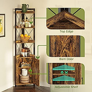 Rolanstar Corner Shelf 5-Tier with Storage, Rustic Corner Bookshelf Stand Storage Rack Plant Stand for Living Room, Home Office, Kitchen, Small Space, Rustic Brown 12.5"D x 18.9"W x 70.9"H