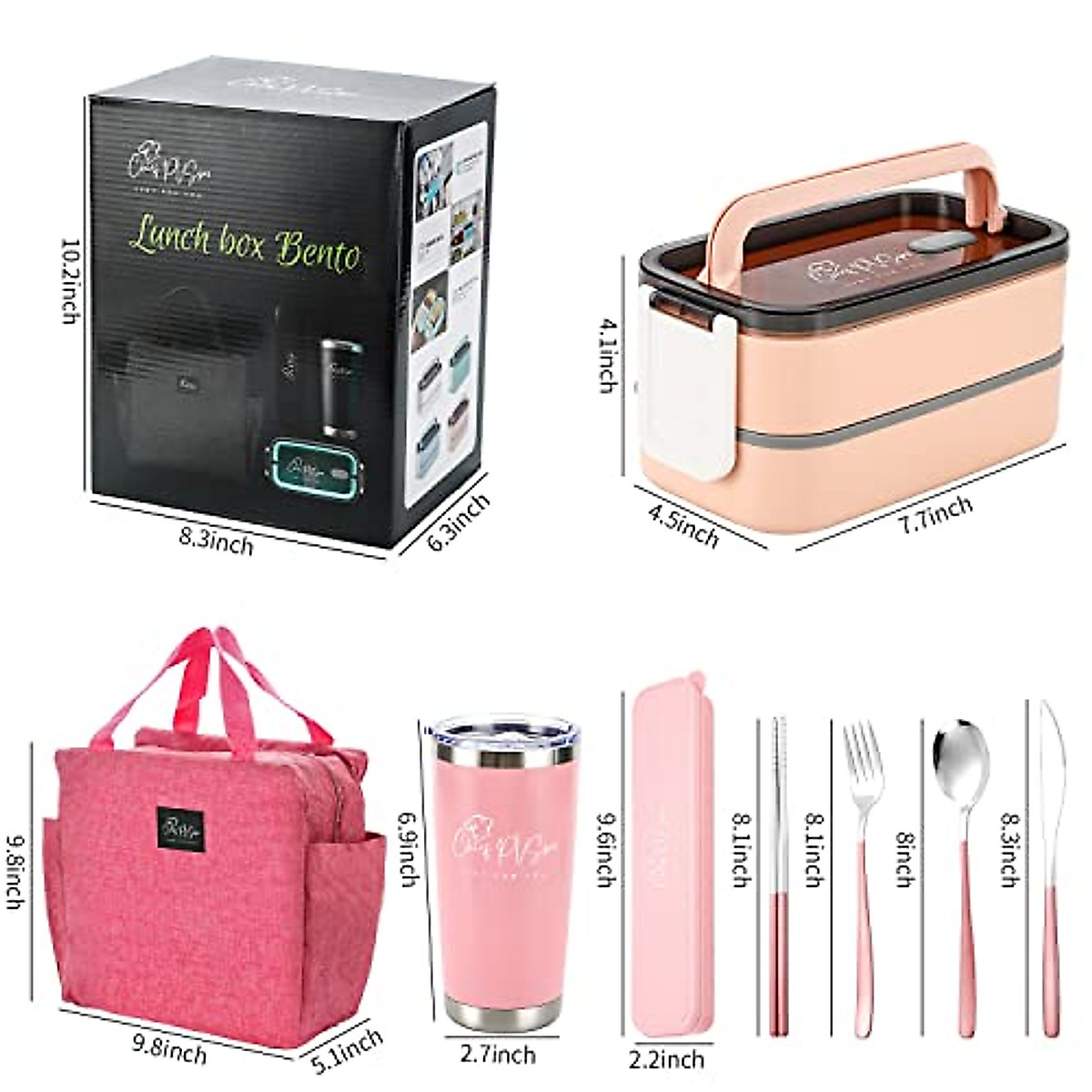 PVSpro JUST FOR YOU Bento Box Set with Insulated Tote, Mug & Cutlery Set, Stackable Bento Box for Lunch, Bento Kit Lunch Box with Handle, Large Bento Lunchbox Container, Japanese Bento (Pink)