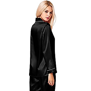 SWOMOG Womens Silk Satin Pajamas Long Sleeve Loungewear Two-piece Sleepwear Button-Down Pj Set Black
