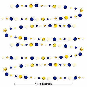 46 Ft Navy Blue and Gold Circle Dots Garland Royal Blue Hanging Paper Polka Dot Streamer for Birthday Wedding Bridal Baby Shower Graduations Nautical Ahoy Achor Pirate Theme Party Decorations Supplies