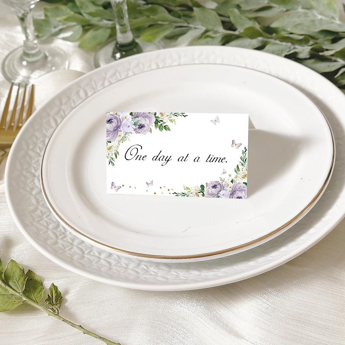 Whaline 100Pcs Floral Butterfly Place Cards 2 x 3.5 Inch Watercolor Purple Flower Tented Cards Table Name Sign for Party Banquet Reception Table Setting Supplies