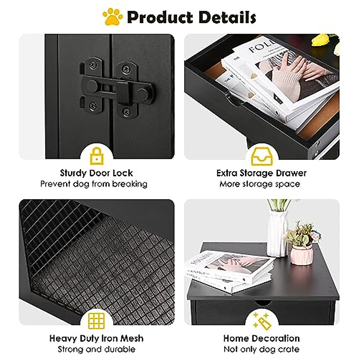 BOEASTER Dog Crate Furniture End Table, Wooden Furniture-Style Dog Crates Indoor Kennel Side Table Nightstand with Storage Drawer & Cushion & Tray for Small Dogs Indoor Use