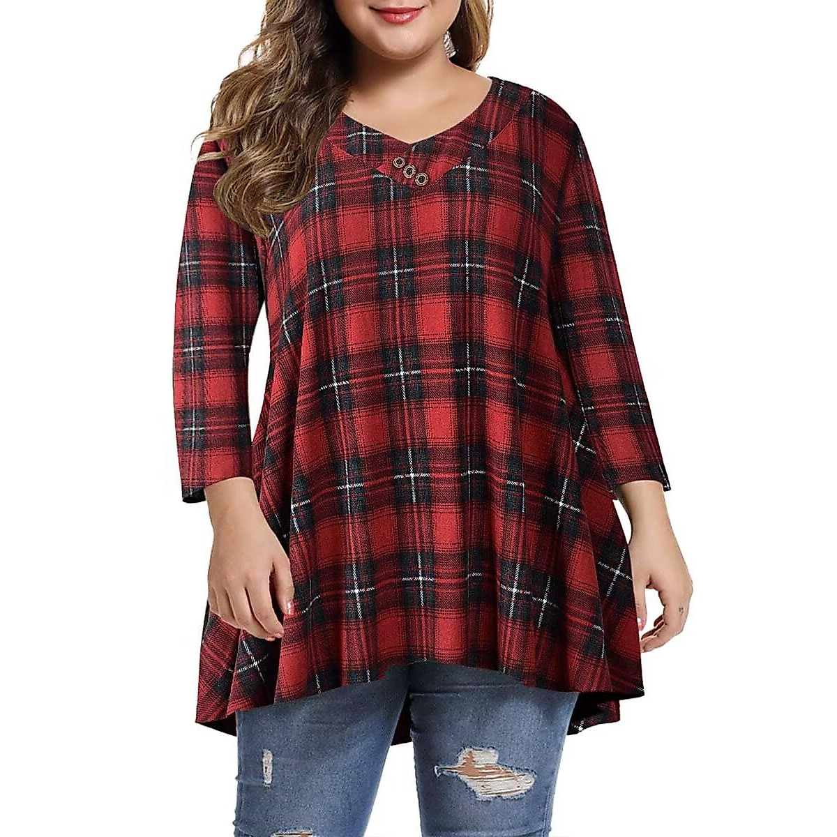 MONNURO Womens Plus Size 3/4 Sleeve V Neck Button Casual Loose Flowy Swing Tunic Tops Plaid Shirts for Leggings(Plaid Winered Pattern,1X