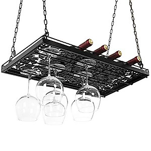 MyGift Black Metal Hanging Wine Glass Holder Rack Ceiling Mounted with Display Shelf and Vineyard Cutout